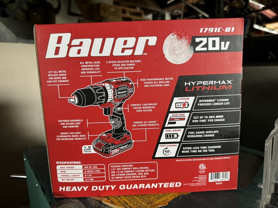 BAUER 20V Cordless 1/2 In. Drill/Driver Kit 1791C-B1 - NEW!!! SHIPS ...