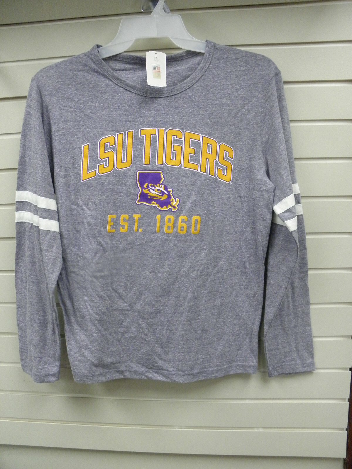 POLY/COTTON T-SHIRT LSU TIGERS EST 1860 MEN'S SMALL LS STITCHED STRIPES ...
