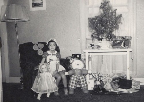 1957 WRITING Girl Christmas Tree Toys Dolls Childhood Holiday Portrait ...