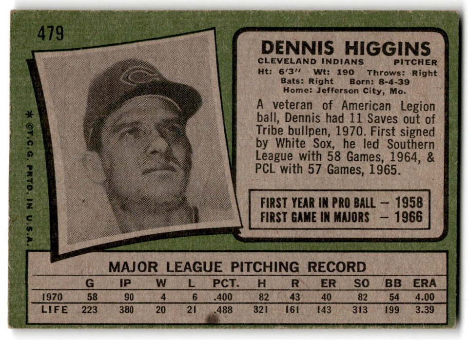 1971 Topps #479 Dennis Higgins | eBay