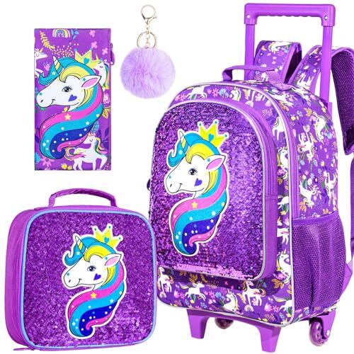 Kids Rolling Backpack for Girls, Roller Wheels Purple Unicorn Rolling ...