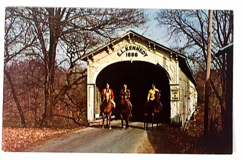 Moscow Indiana Covered Bridge EL Kennedy Postcard Rush County Men On ...