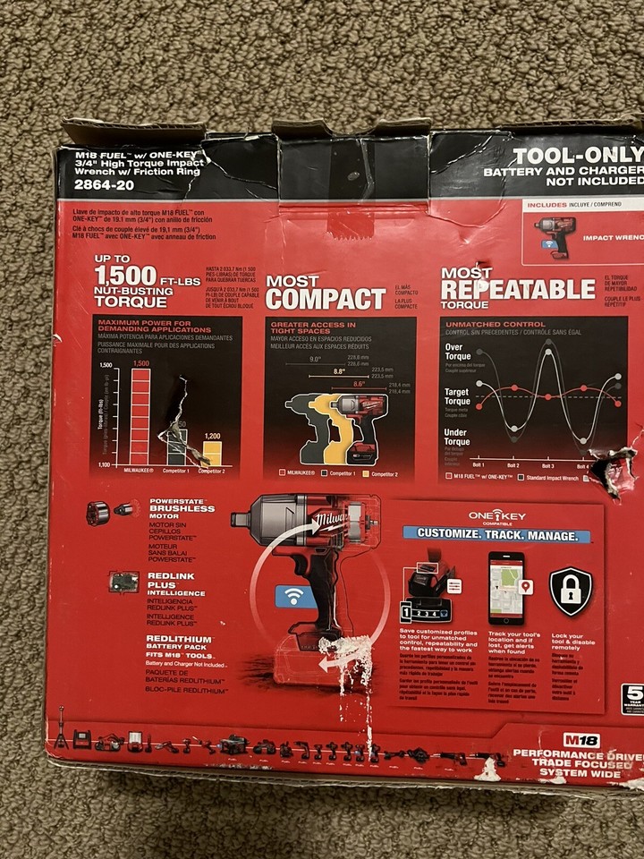 Milwaukee Tool 2864-20 M18 Fuel W/One-Key High Torq Impact Wrnch 3/4 ...
