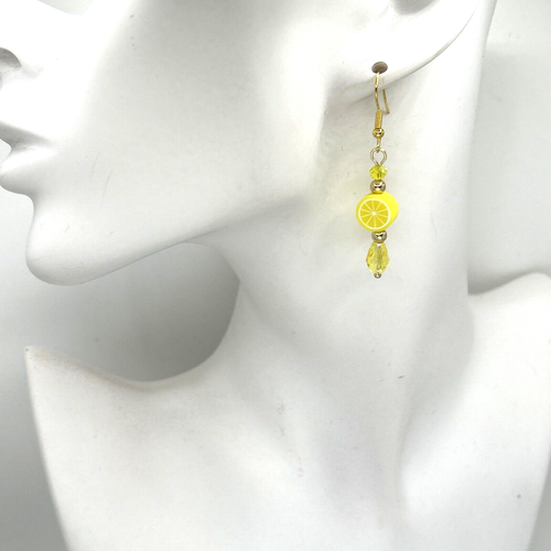 Fresh for Summer! Clay Lemon Slices with Yellow Glass Beads Dangle Drop ...