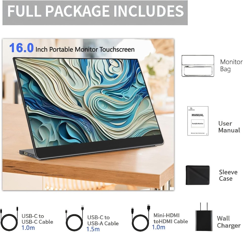 Wanlusiri Portable Monitor Touchscreen 16in FHD IPS 10-Point Touch ...