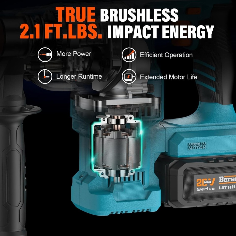 20V Cordless 1-1/8" Rotary Hammer Drill SDS-Plus Brushless Motor with ...