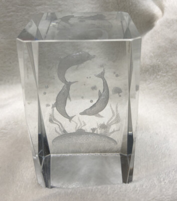 3D Laser-Etched Lead Crystal Glass Cube Paperweight DOLPHIN Florida ...