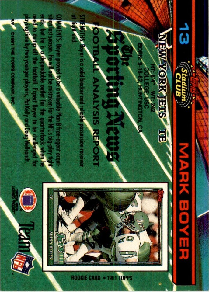 1991 Stadium Club Mark Boyer . New York Jets #13 | eBay