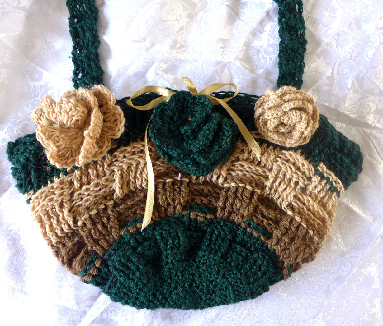 Womens Bag Handmade Crocheted Acrylic Wool With Flowers 12x20 inch ...