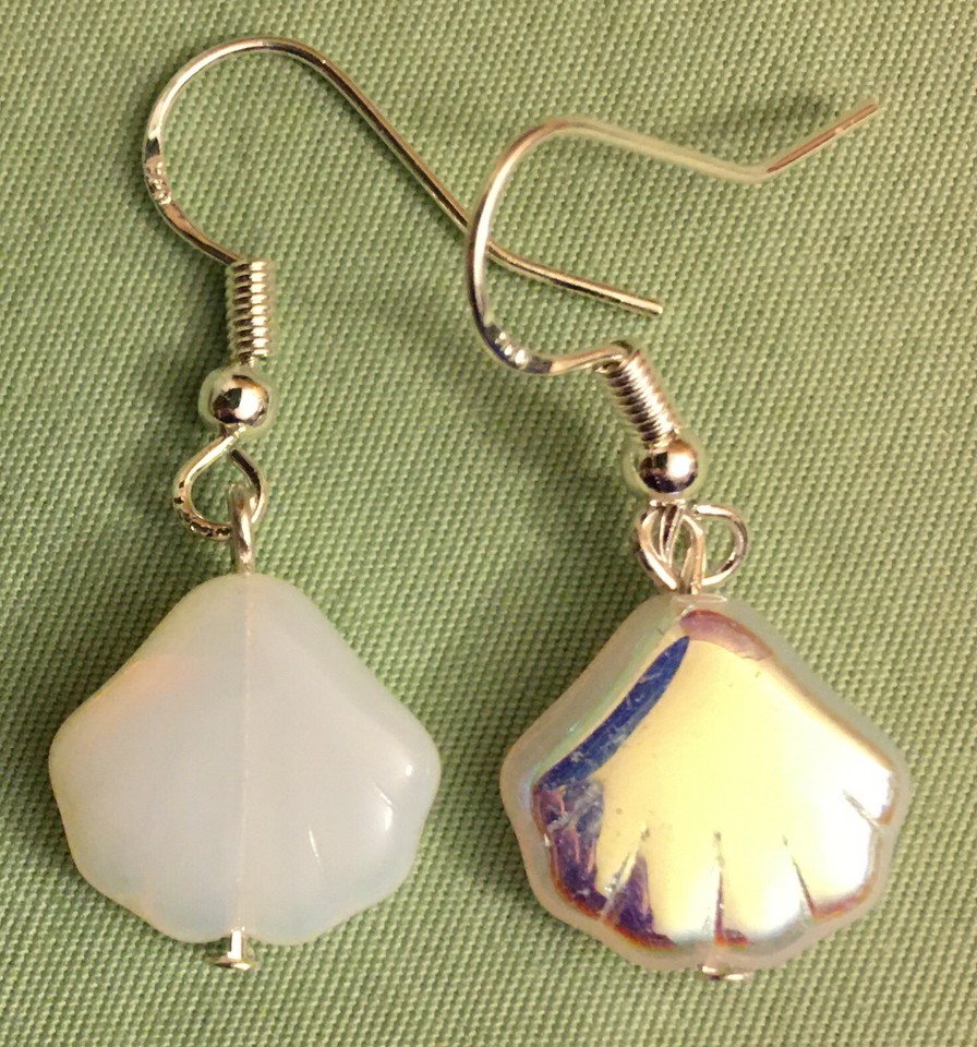 OPALESCENT WHITE SHELL EARRINGS - Glass Beads with Sterling Silver Ear ...