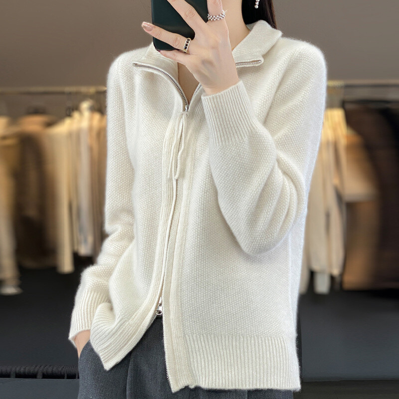 Thick Double Zipper High Neck Wool Sweaters Coat Women's Cashmere Blend ...