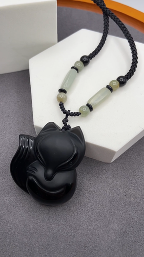 Jade Obsidian Clever Fox Charm Pendant Necklace Beads Cord Handmade ...