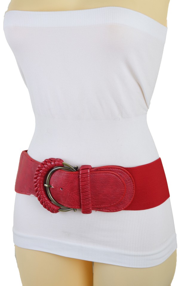 Women Red Elastic Waistband Belt Hip High Waist Gold Buckle Adjustable ...