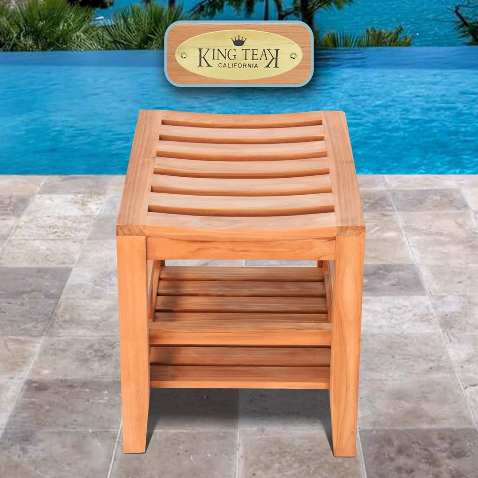2-Tier Teak Shower Bench Stool with Storage Shelf Shower Bath Seat for ...