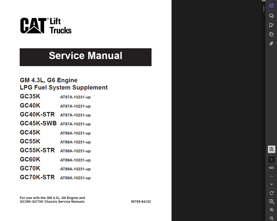CAT GC70K FORKLIFT CATERPILLAR SERVICE ENGINE REPAIR SHOP MANUAL PDF ...