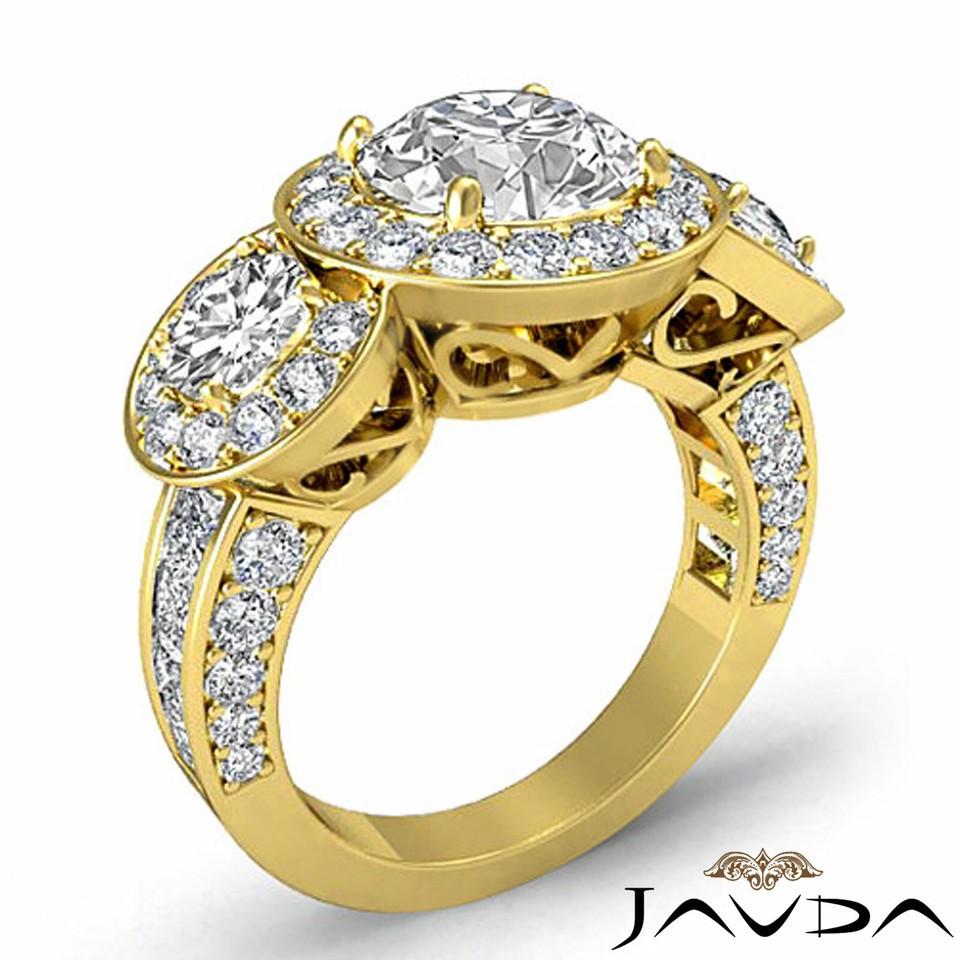 Filigree Shank 3 Stone Halo Pave Round Diamond Engagement Ring GIA G ...