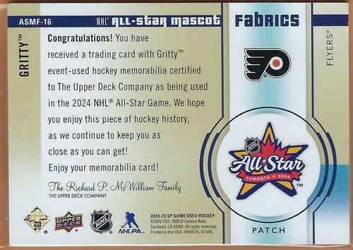 Gritty 2024-25 SP Game Used 2 Color NHL All-Star Mascot Fabrics Patch ...
