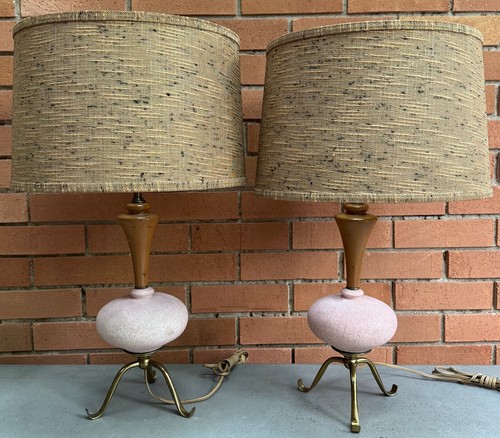 Pair Vintage 1950s Ceramic Pottery Lamps Tripod Mid Century Modern MCM ...