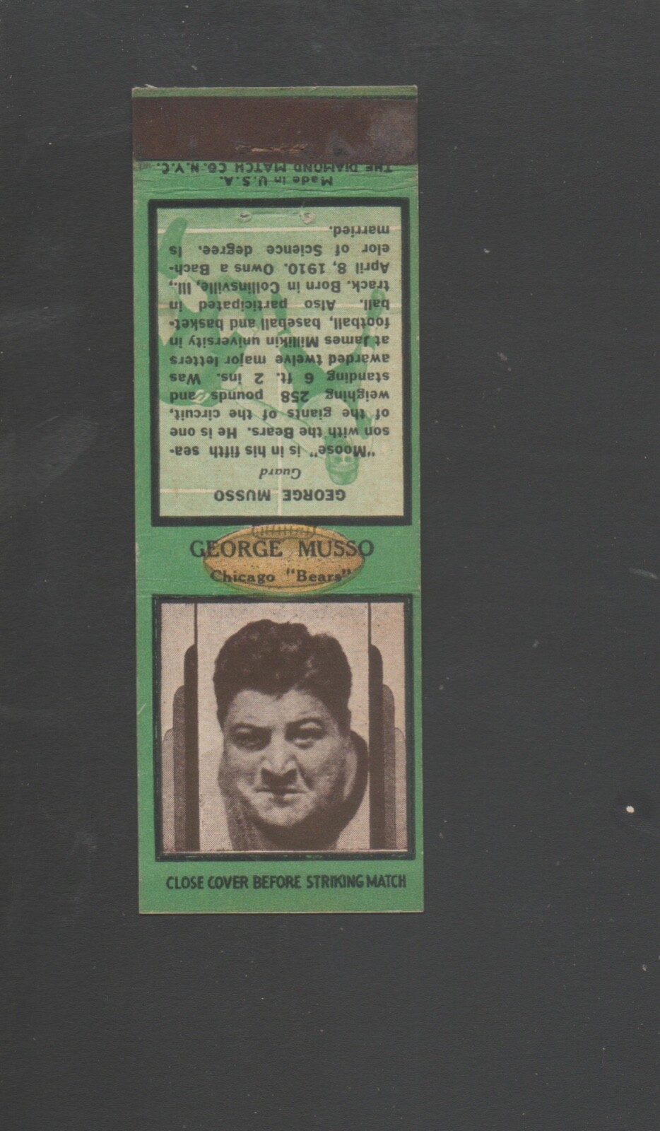 1937 Diamond NFL Football Matchcover #15 George Musso-Chicago Bears ...