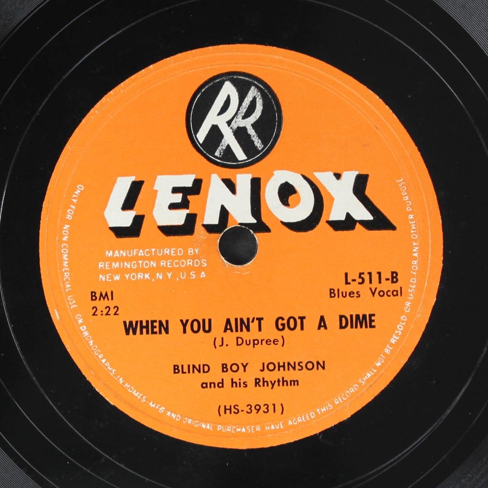 BLIND BOY JOHNSON: mean old frisco / when you ain't got a dime LENOX ...