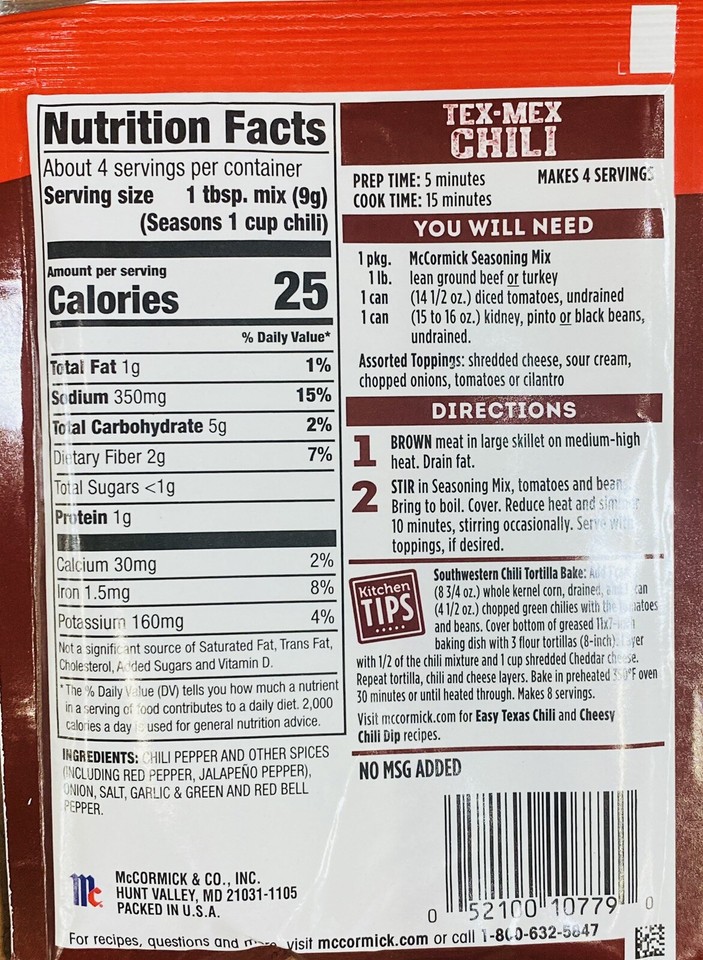 McCormick TEX-MEX CHILI Seasoning Mix Savory Herbs & Spices 1.25 oz | eBay