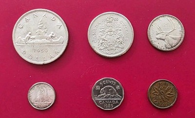 1959 Canada Silver Year Set. 6 Coins 1 Cent to $1.00 Dollar 43 Grams ...