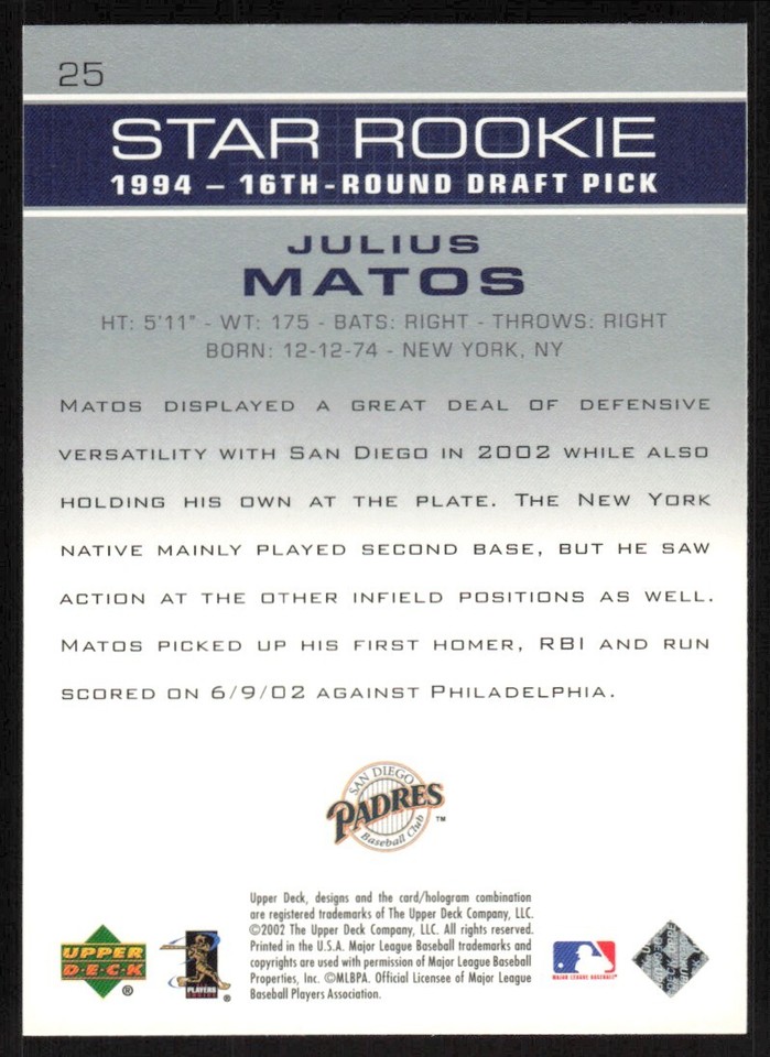 2003 Upper Deck Star Rookie Julius Matos #25 San Diego Padres | eBay