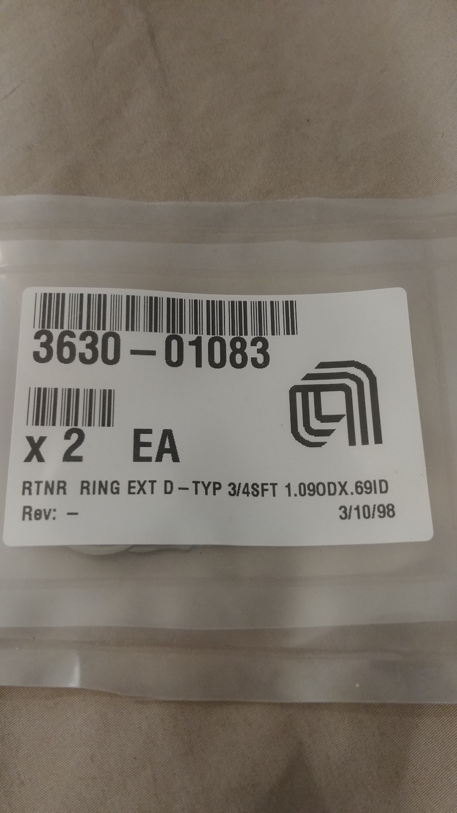 Applied Materials 3630-01083 RTNR RING EXT D - TYP 3/4SFT 1.09ODX.69ID ...