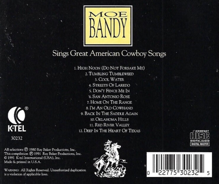 Moe Bandy - Sings Great American Cowboy Songs (CD 1991 K-TEL Records ...