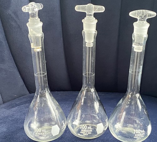 Lot of 3 Kimble Kimax Class A TC Volumetric Flask w/stopper 100ml 28014 ...