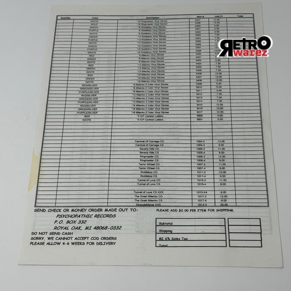 Insane Clown Posse 1998 Merchandise Order Form 8.5x11” ICP flyer ...