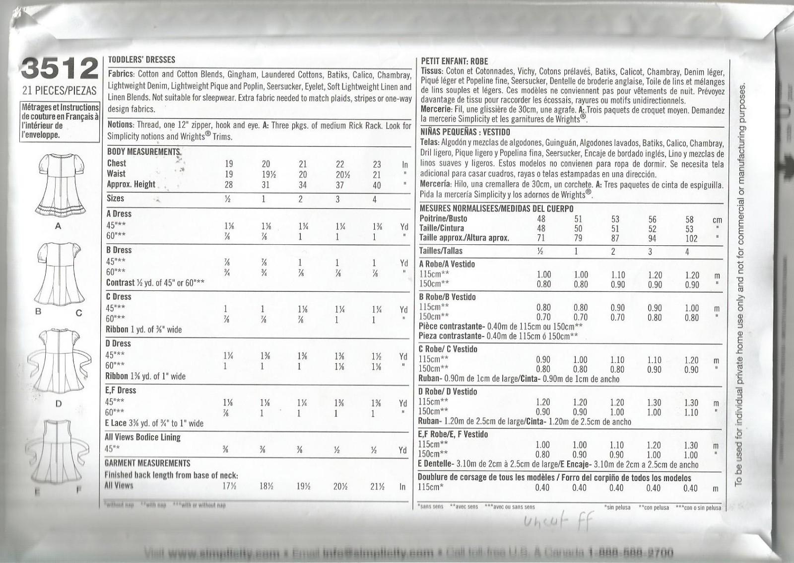 Simplicity Sewing Pattern 3512 Dress 4 Styles Girls 6mths - 4yrs Uncut ...