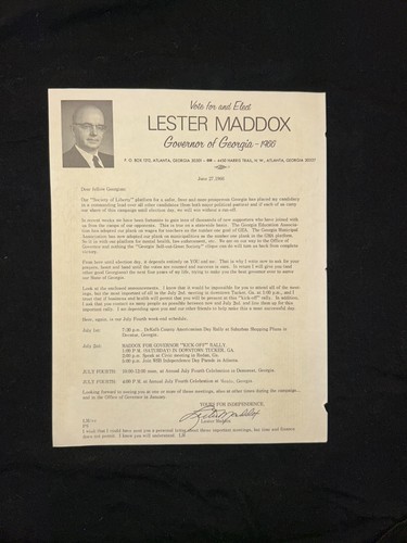 Lester Maddox 1966 Gubernatorial Campaign - letter advertising campaign ...
