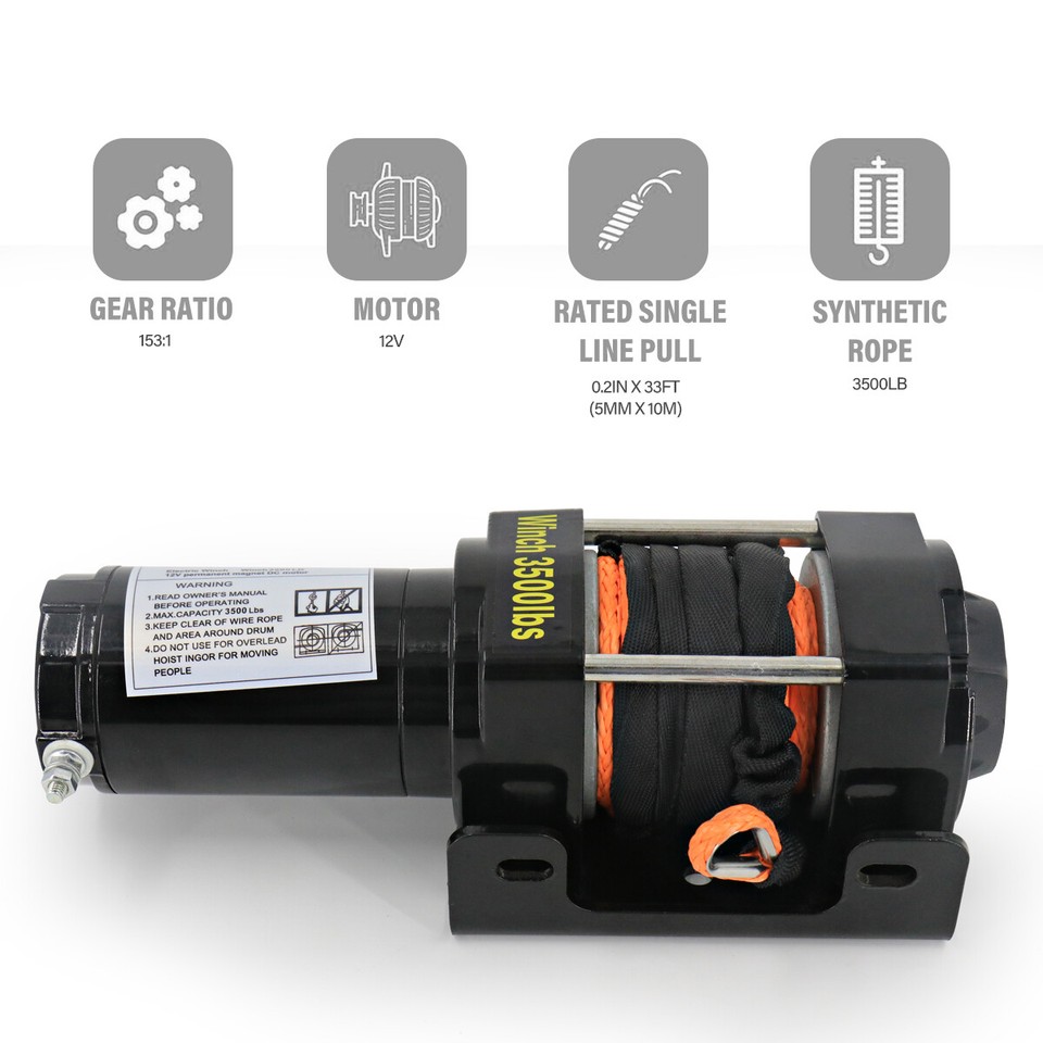 12V 3500lbs Electric Winch Synthetic Cable Wireless Remote Quad Bike ...