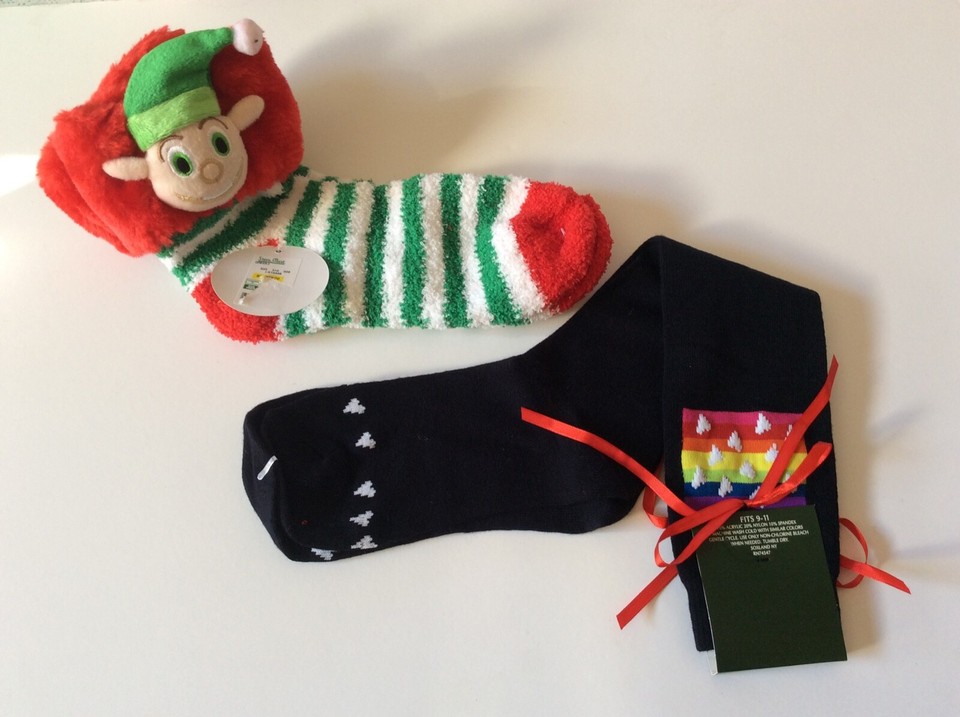 2 PAIRS WOMENS NOVELTY CHRISTMAS ELF BOOTIE & KNEE-HI SOCKS *NWL * CUTE ...