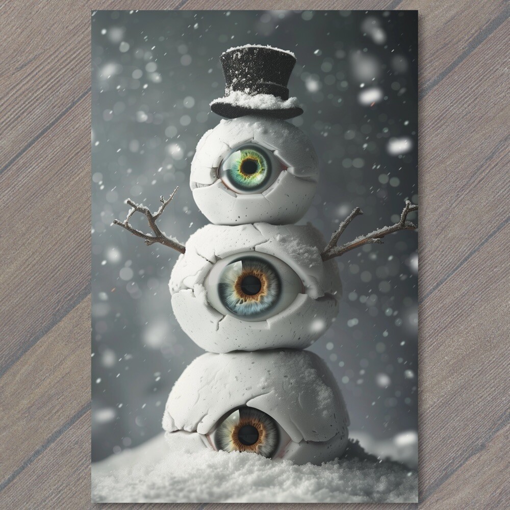 POSTCARD Snowman Eyes Eyeballs Winter Christmas Tree Creepy Weird Snow ...