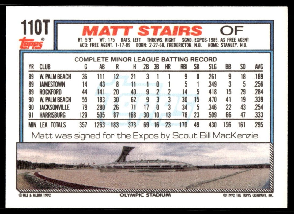 1992 Topps Traded 110T Matt Stairs Montreal Expos Baseball Card Rookie ...