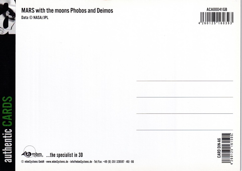 POSTCARD: 3D TYPE "MARS WITH THE MOONS PHOBOS AND DEIMOS" BY AUTHENTIC ...