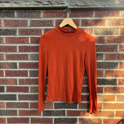 SHEIN Burnt Orange Ribbed Knit Mock Neck Long Sleeve Top | eBay