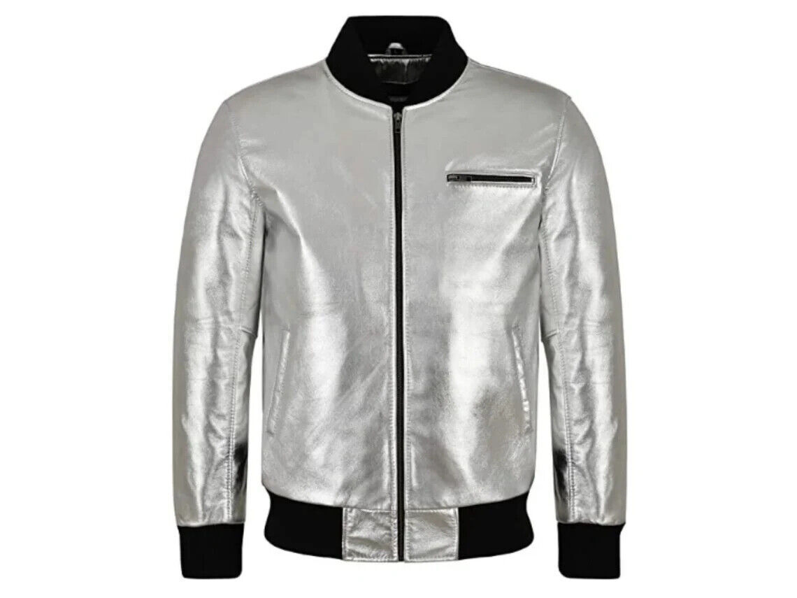 Men's Real Leather Shinny Silver Metallic Foil Jacket Bomber Biker ...