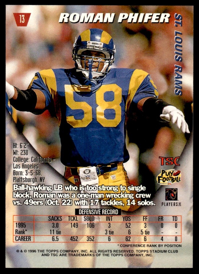 1996 Stadium Club Football Card Roman Phifer St. Louis Rams #13 | eBay