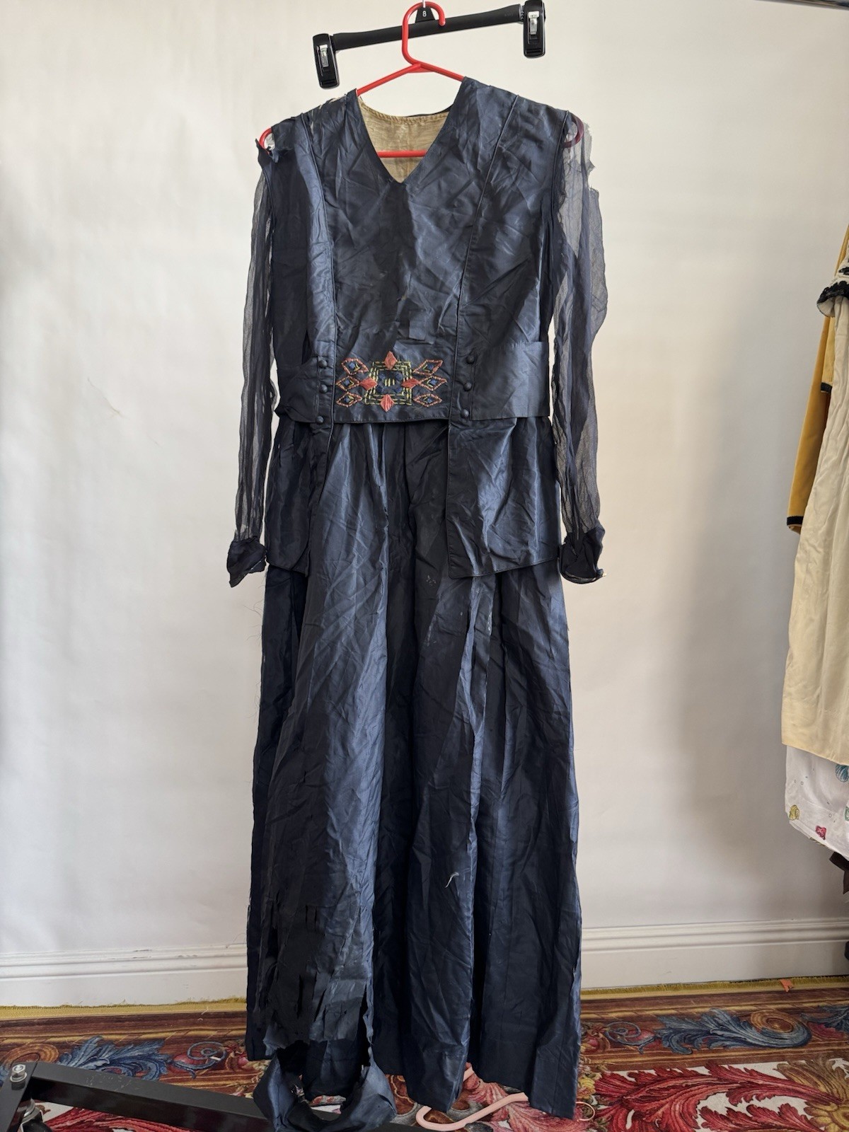 Antique 1910s Embroidered Blue Silk Dress Shattering … - Gem