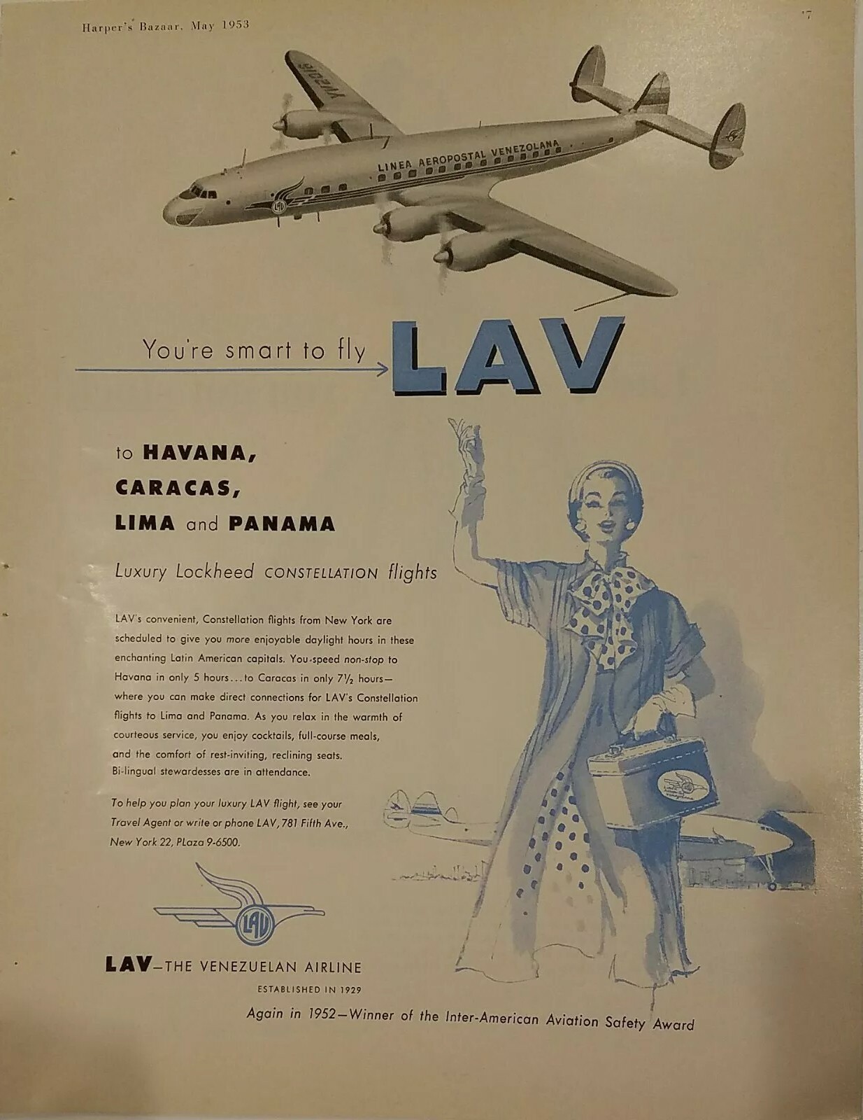 1953 LAV Venezuelan airline airplane Lockheed Constellation flights ad ...
