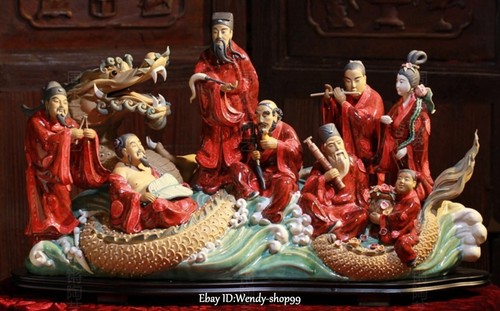 24" Old Wucai Porcelain Belle Tongzi Dragon Eight Immortals Crossing ...