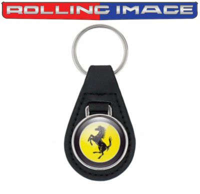 Ferrari Black Leather Keychain Key Ring Fob - Yellow Prancing Horse ...