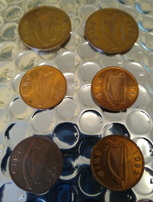 6x IRELAND IRISH 1982 COIN COLLECTION 2x 2 pence & 4x 1 Penny 2p 1p ...