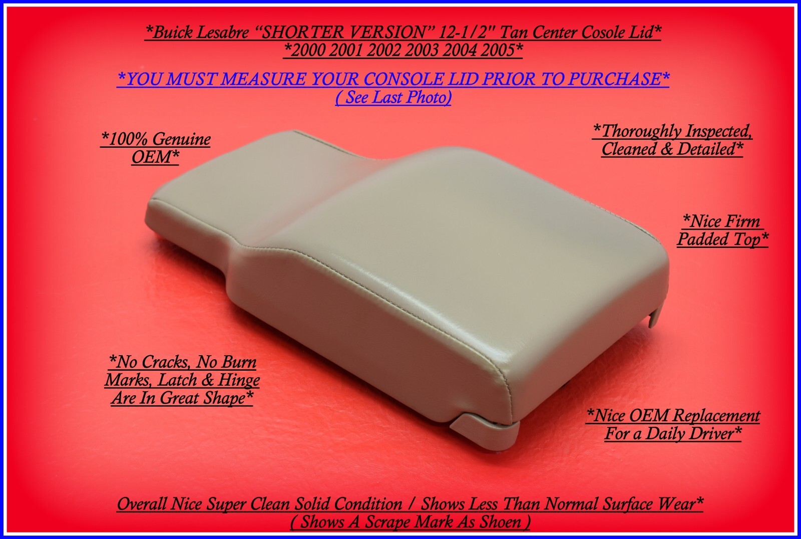 2000-2005 Buick LeSabre Tan Leather Center Console Lid Armrest ...