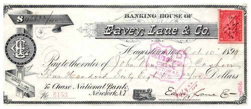 Eavey Lane Co Signed check 1899 Stamp Hagerstown MH Chase Bank NY John ...