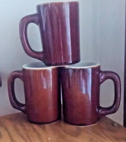 3 Vtg Hall D MUGS 1318 Brown Glaze Restaurant Style Heavy Duty Coffee ...