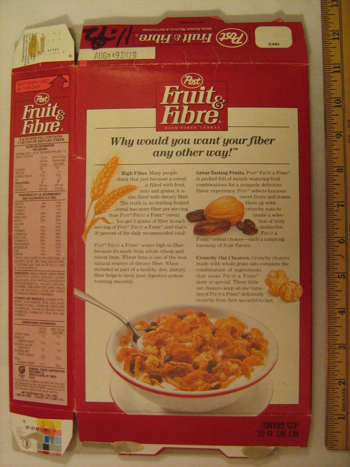 POST Cereal Box 1992 FRUIT & FIBRE Dates Raisins Walnuts Oat Clusters ...